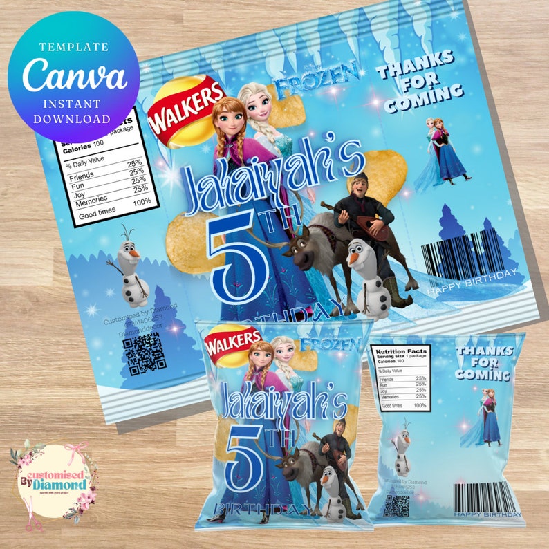 FROZEN Theme EDITABLE Chip Bag, Diyinstant Customisable DIGITAL ...