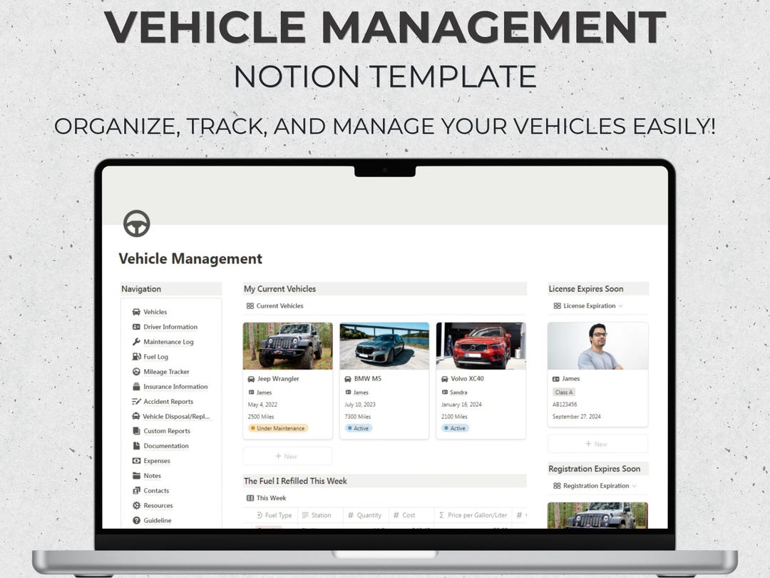 Notion Template Vehicle Management for Multiple Drivers Car Planner Maintenance Log Mileage ...