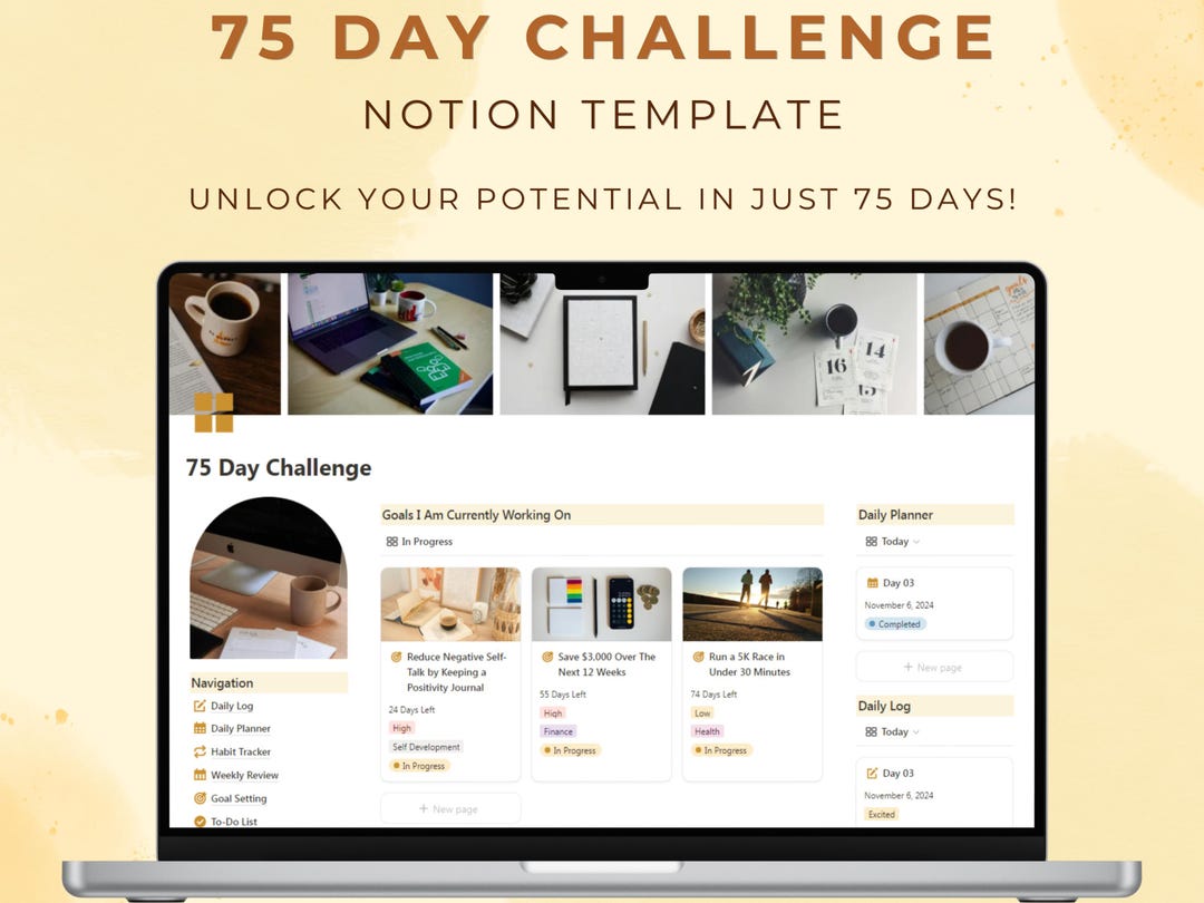 Notion Template 75 Day Challenge Tracker Soft Medium Hard Aesthetic ...