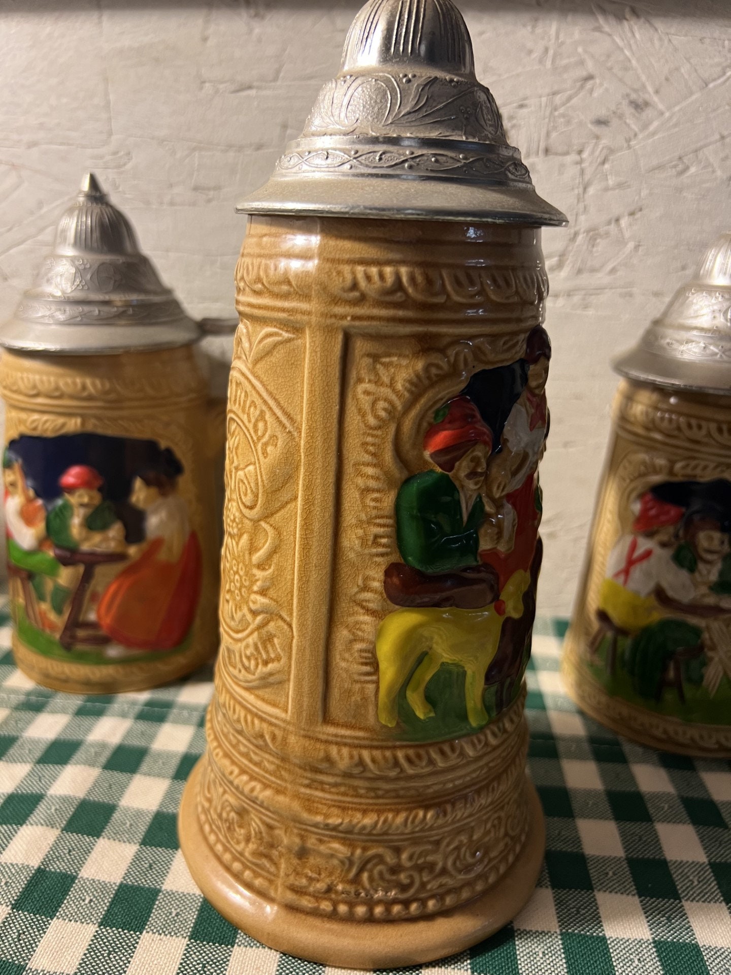 Vintage Beer Stein Set German/swedish Style Pewter Lids, Musical Stein ...
