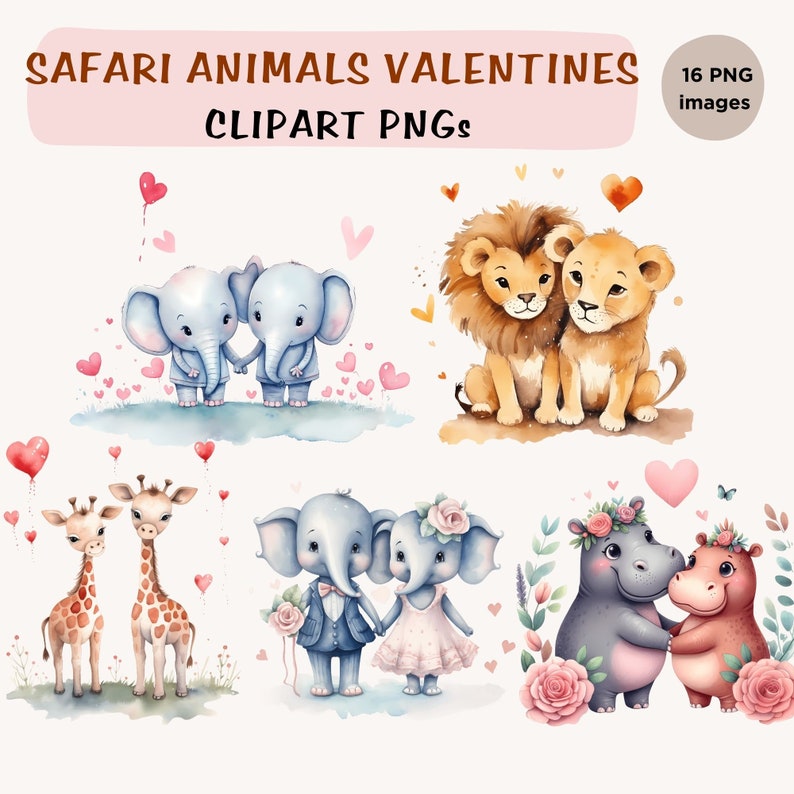 Safari Valentines Clipart, African Couple Animals Clipart, Watercolour ...