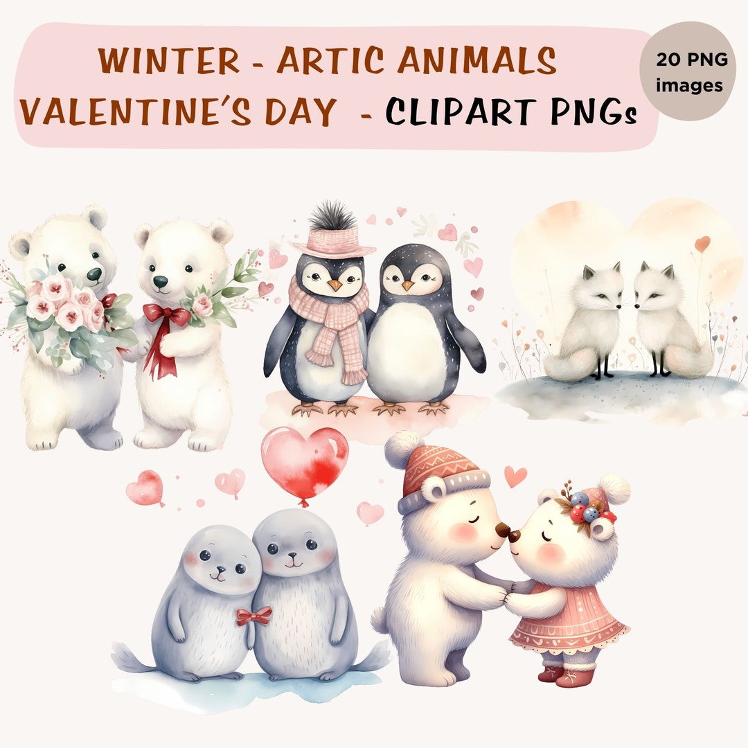 Winter Arctic Animals Valentines Clipart PNG Cute Animal Couple Clipart ...