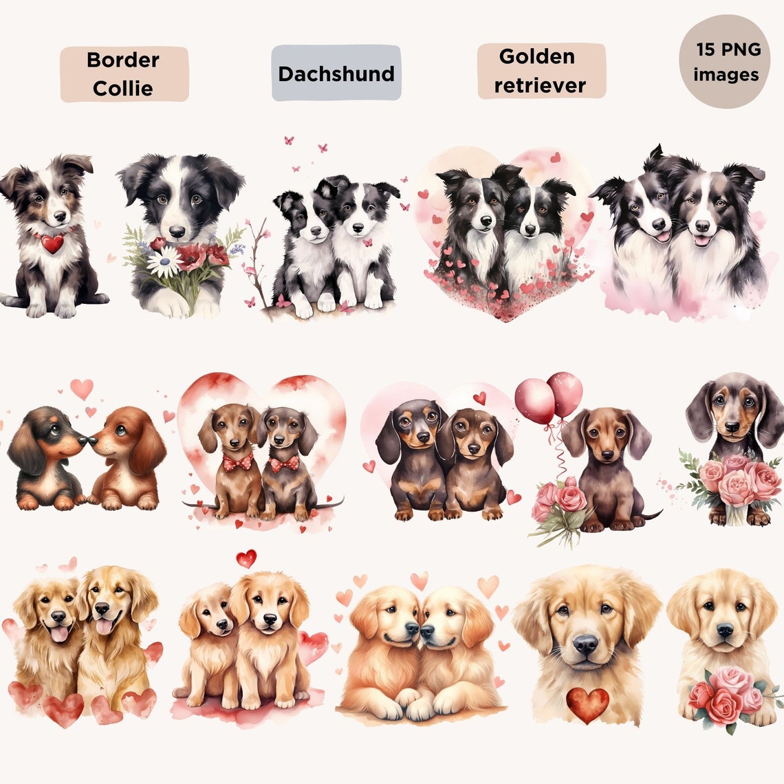Dogs Valentines Day Clipart, Cute Couple Dogs PNG, Bundle Dogs Puppies ...