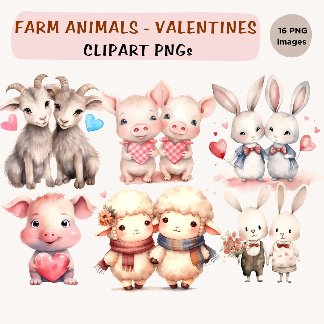 Cute Farm Animals Valentines Clipart PNG Farm Watercolour Sheep Pig ...