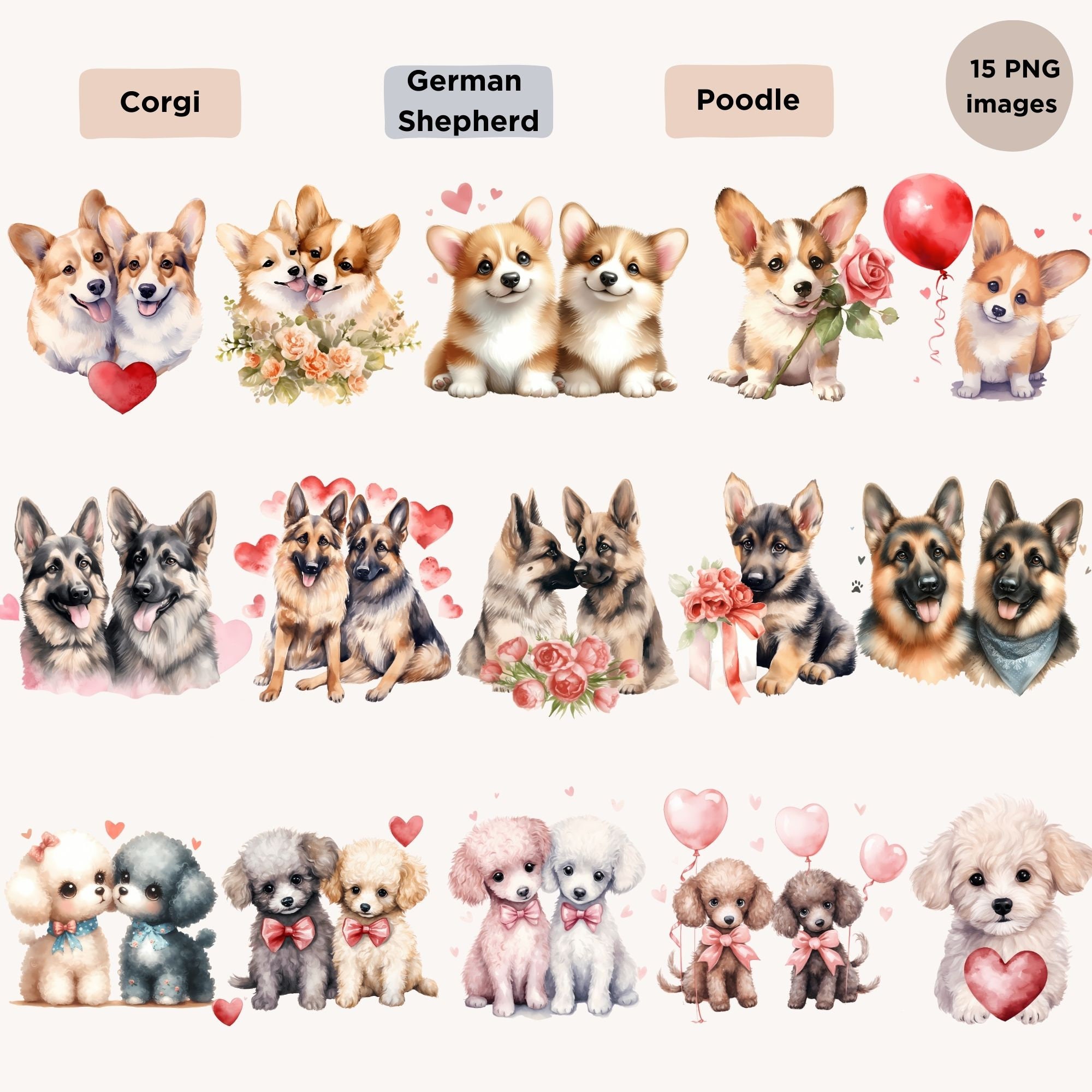 Dogs Valentines Day Clipart, Cute Couple Dogs PNG, Bundle Dogs Puppies ...