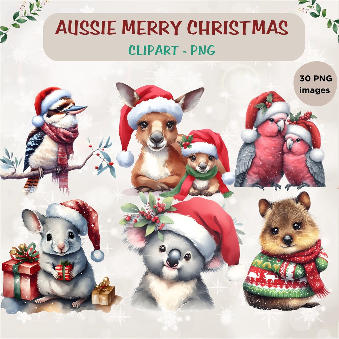 Australian Christmas Clipart, Watercolour PNG, Cute Aussie Animals ...
