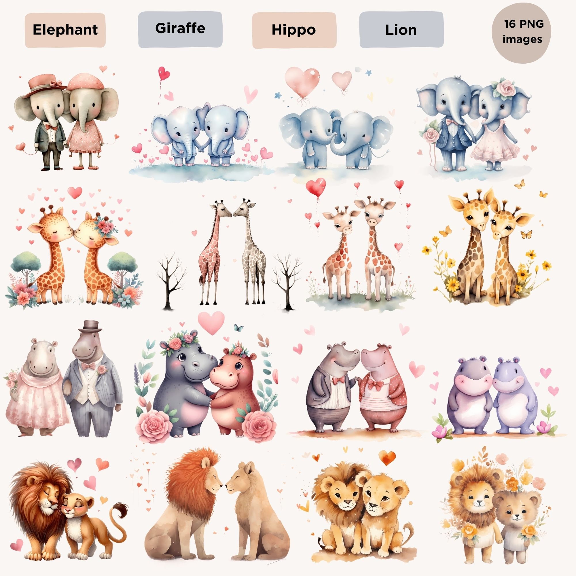 Safari Valentines Clipart, African Couple Animals Clipart, Watercolour ...