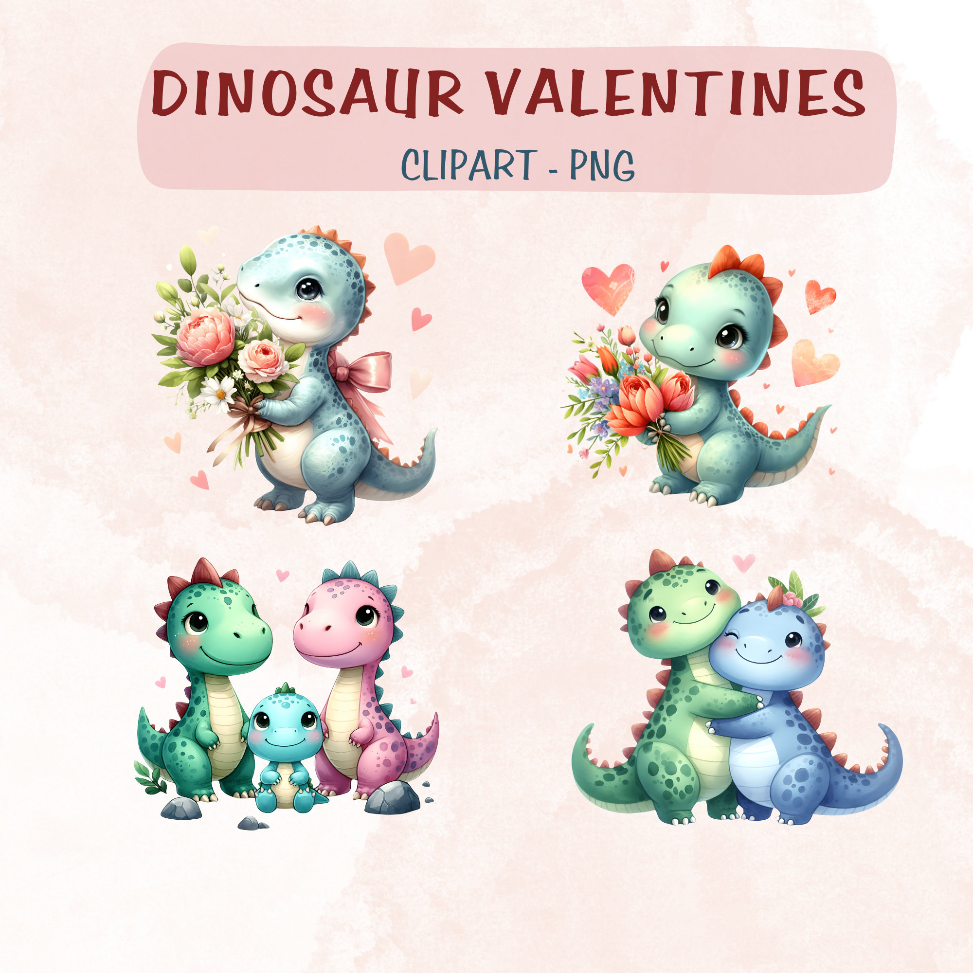 Dinosaur Valentines PNG, Watercolor Dinosaurs Clipart, Valentines Day ...