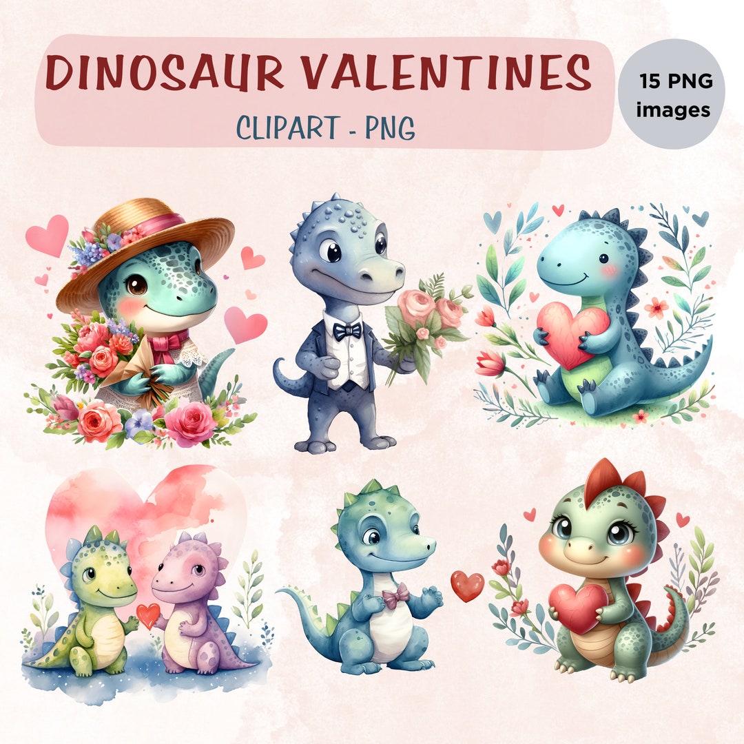 Dinosaur Valentines PNG Watercolor Cute Dinosaur Couple Clipart ...