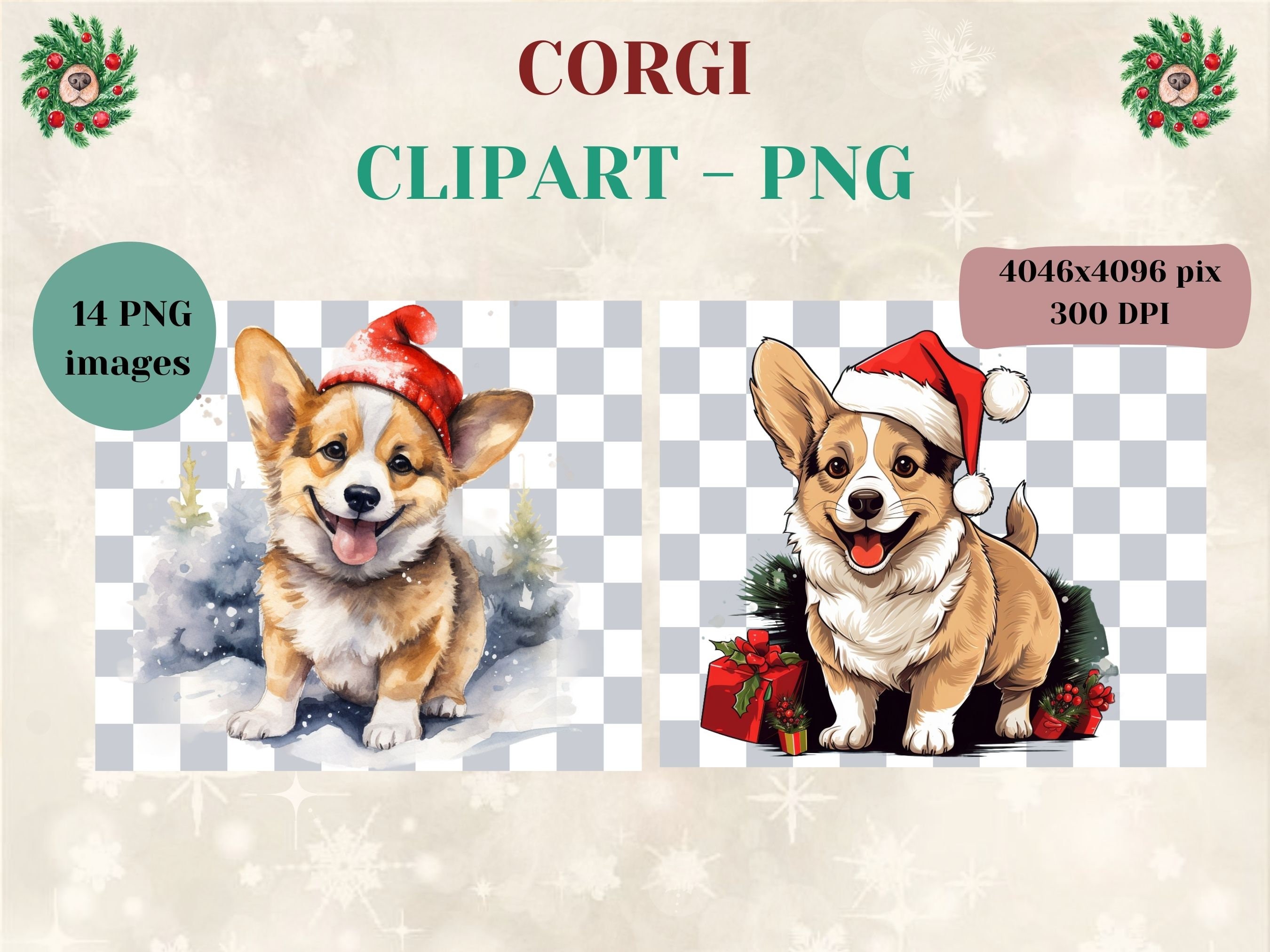 Watercolour Corgi PNG Bundle, Corgi Clipart, Corgi Christmas, Dog ...