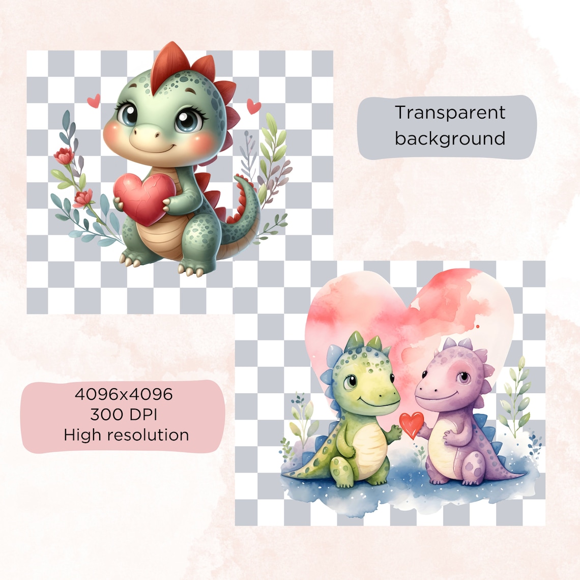 Dinosaur Valentines PNG Watercolor Cute Dinosaur Couple Clipart ...