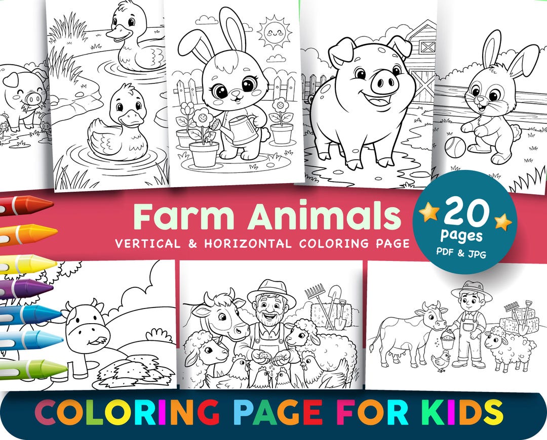Farm Animals Coloring Pages for Kids | 20 Page Fun Printable (PDF & JPG ...