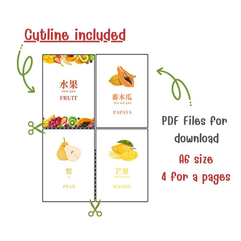 Printable Chinese - English Fruit & Vegetable Flash Cards for Kids 58 ...