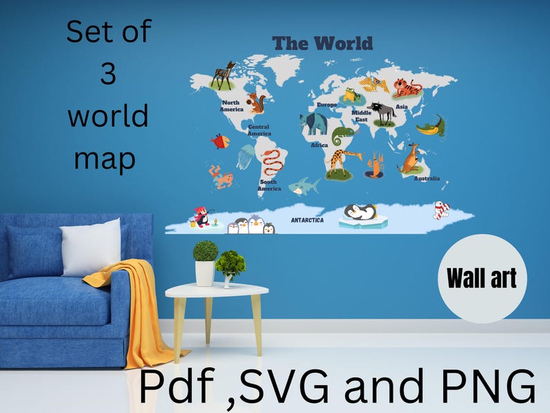World Map Sticker,set of 3 World Map, SVG, PNG, Pdf,educational Poster ...