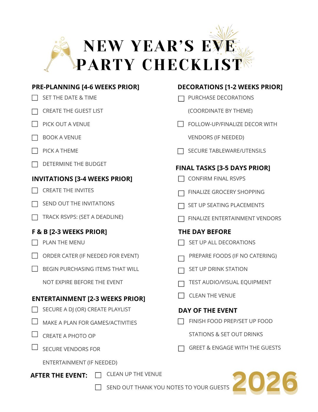 New Years Eve Party Planning Checklist - Downloadable PDF - Etsy