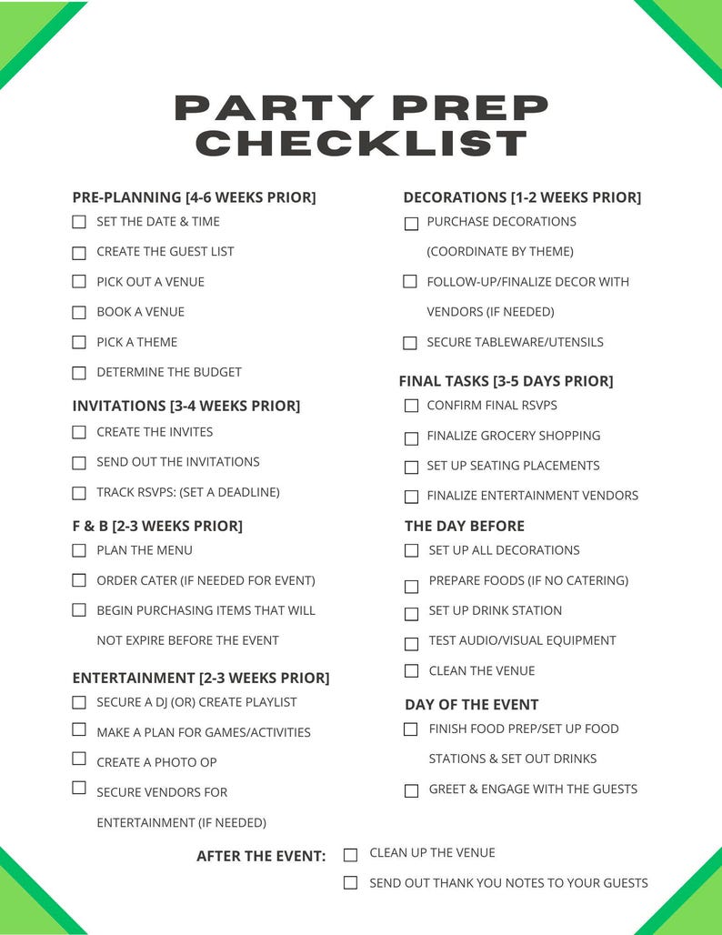 Party Planning Checklist PDF Download - Etsy