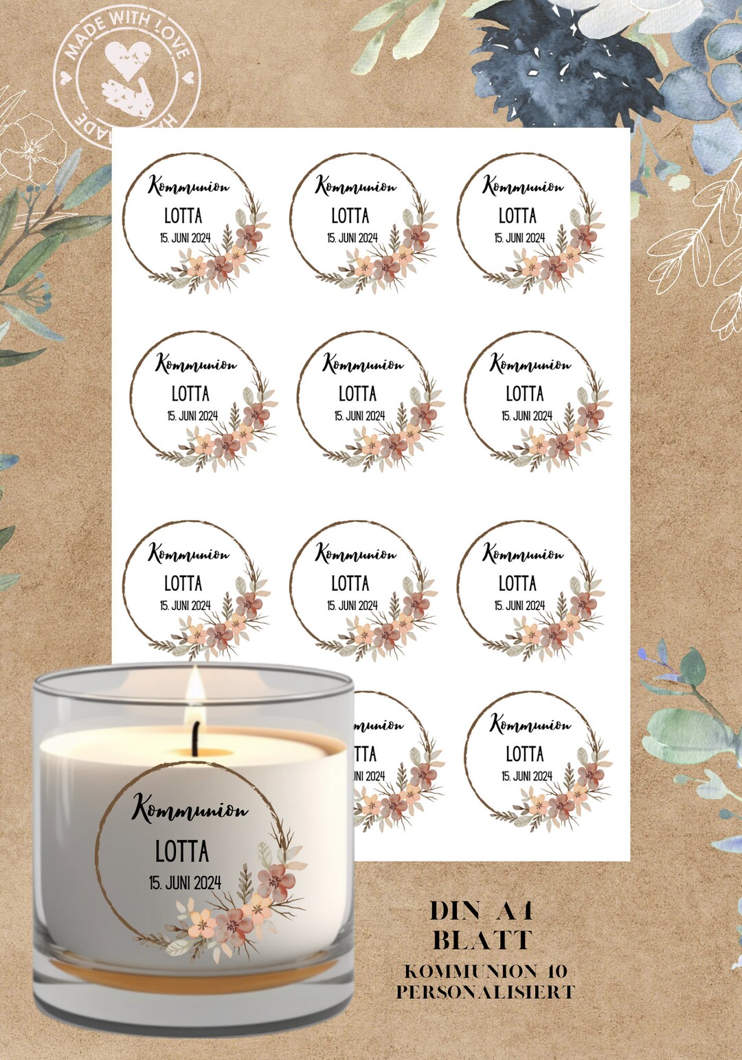 Candle Tattoo Communion 10 Personalized DIN A4 Pillar Candle Water ...