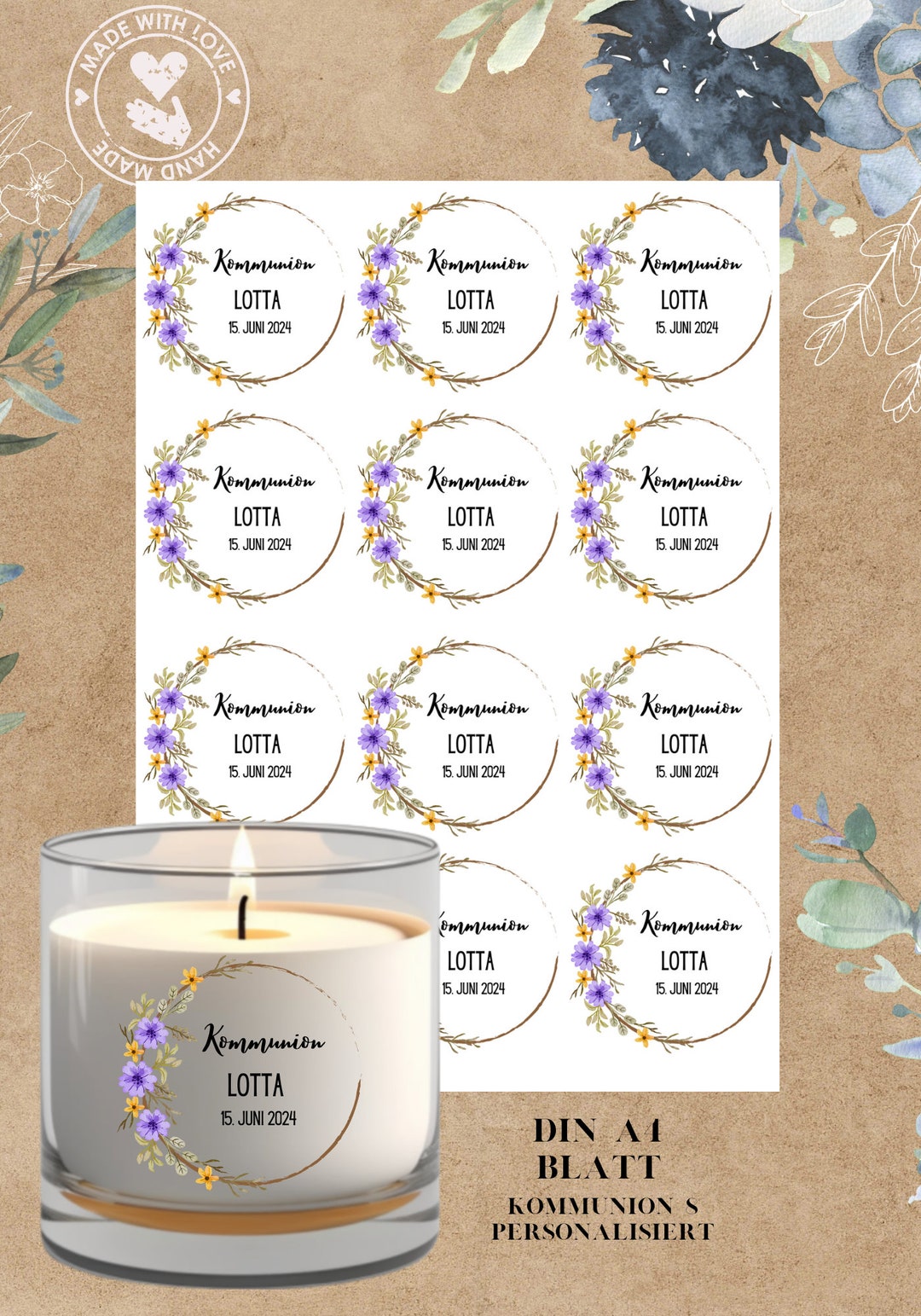 Candle Tattoo Communion 8 Personalized DIN A4 Pillar Candle Water Slide ...