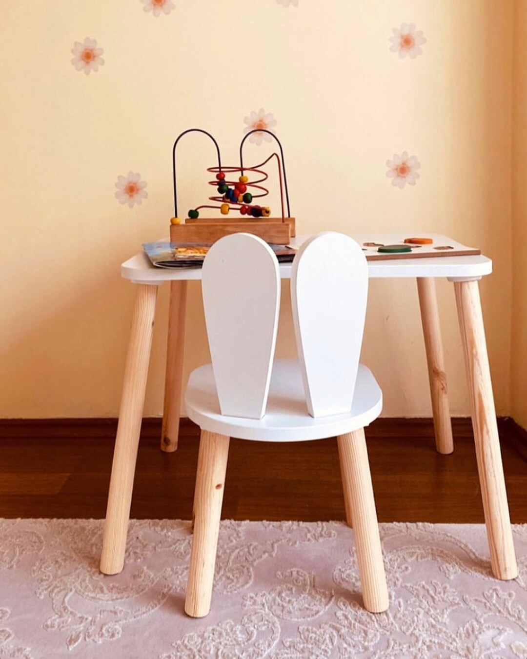 Montessori Wooden Table and 2 Chairs for Children-rabbit Chair, Made of ...
