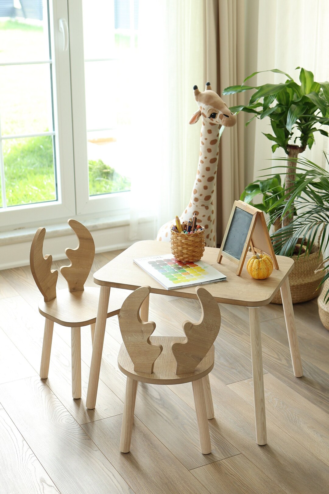 Montessori Wooden Table and Chairs for Children, Deer Chair Gift for ...