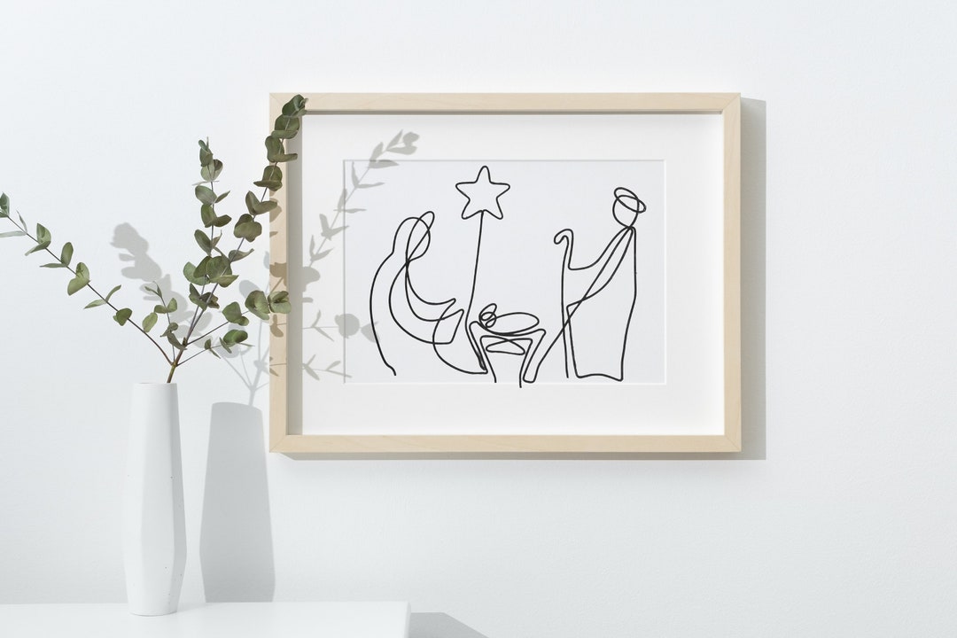 Nativity Scene Minimalist One Line Drawing, Printable Wall Art, Black ...