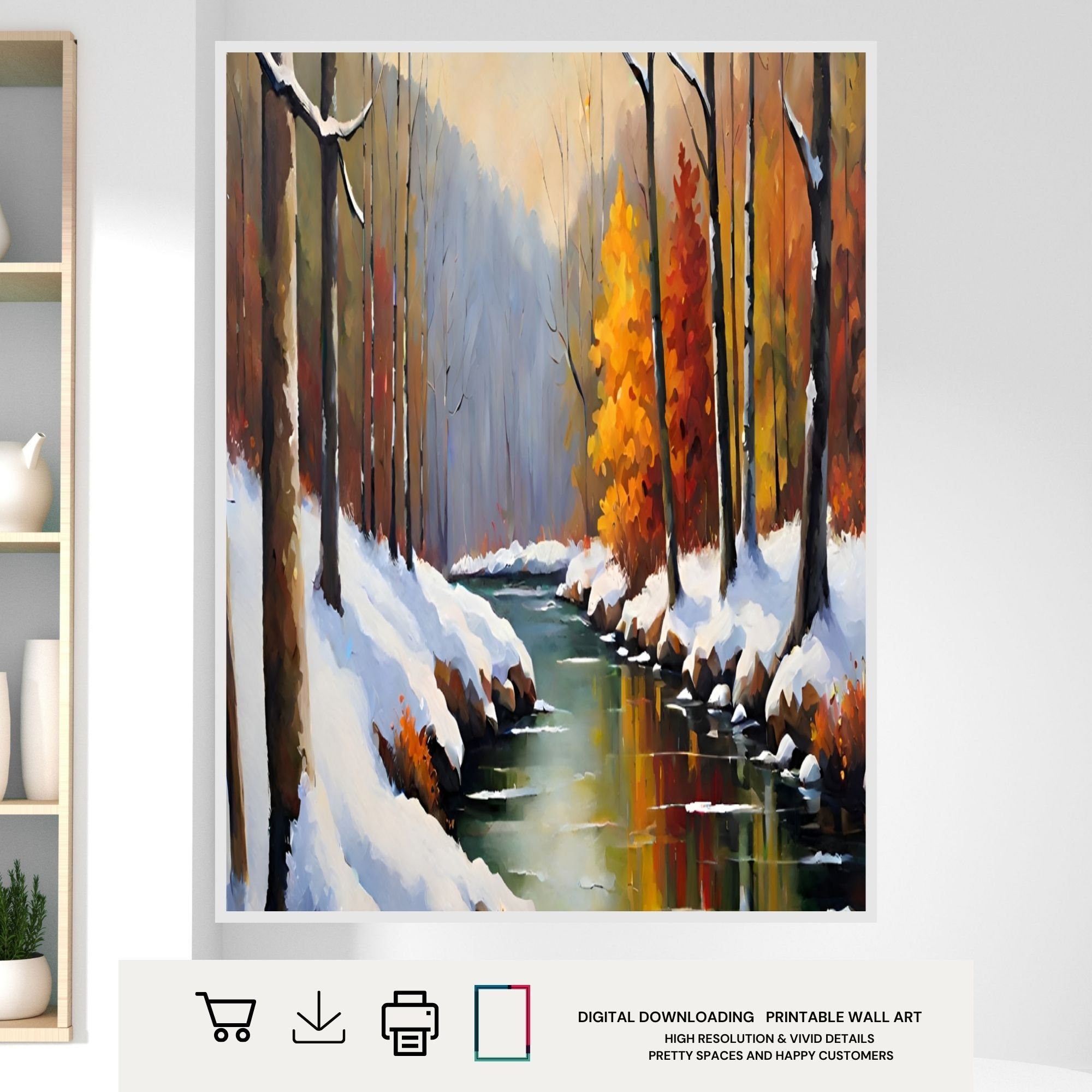 Winter Scene Printable Painting, Enchanting River in Winter Snow Scene ...