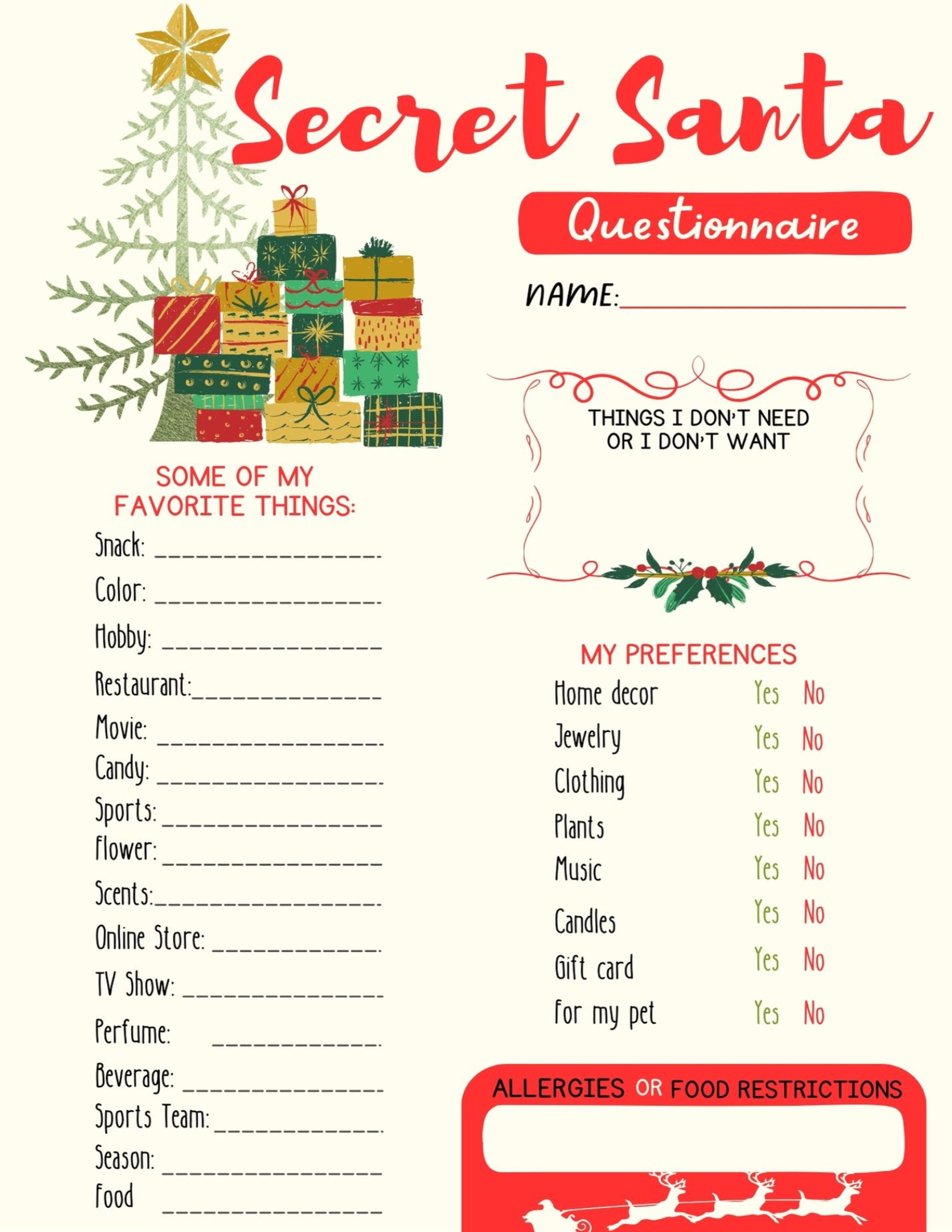 Secret Santa Questionnaire, Secret Santa Form Printable, Gift Exchange ...