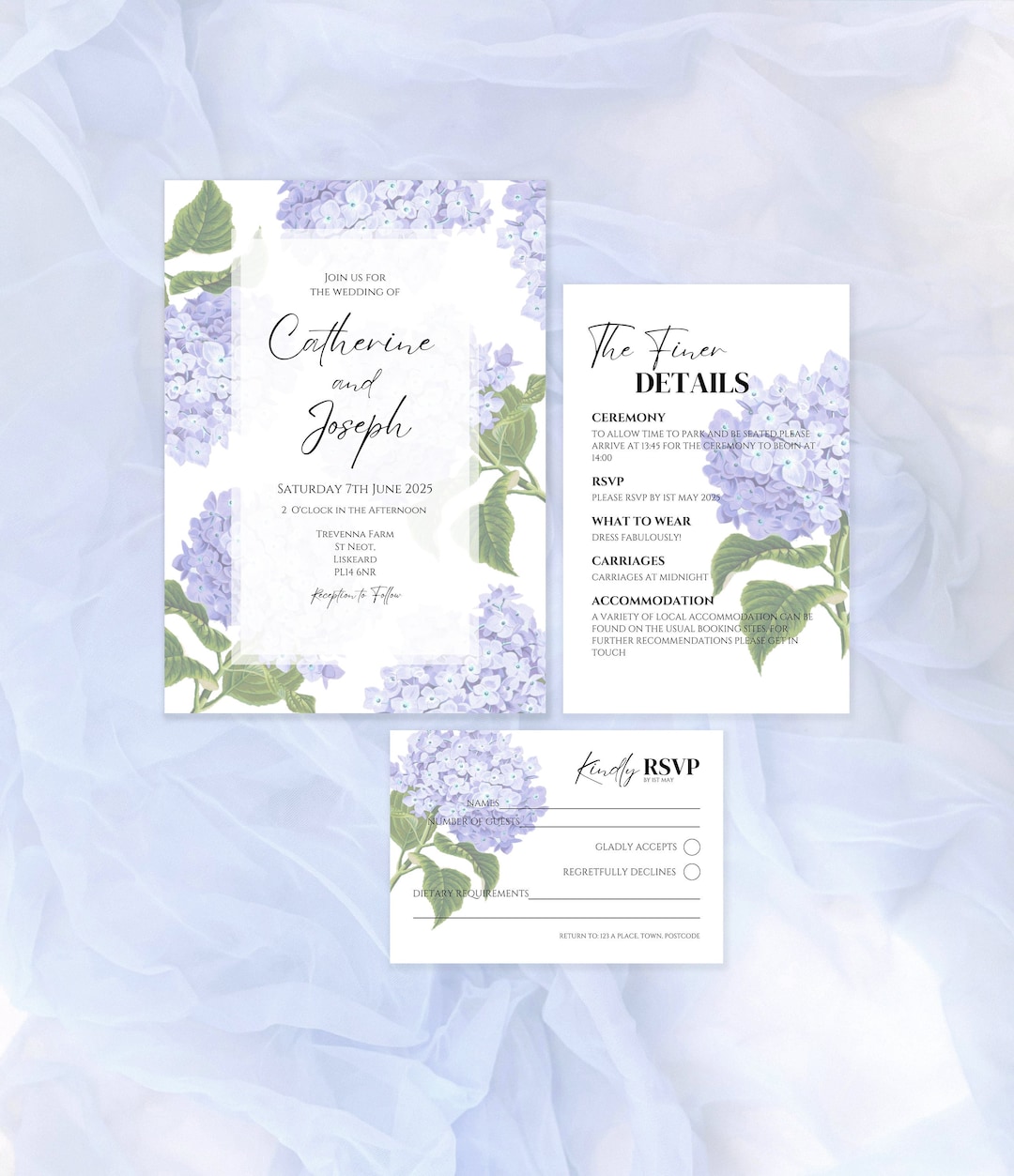 Blue Hydrangea Wedding Invitation Suite - Template - 3 Piece Set ...