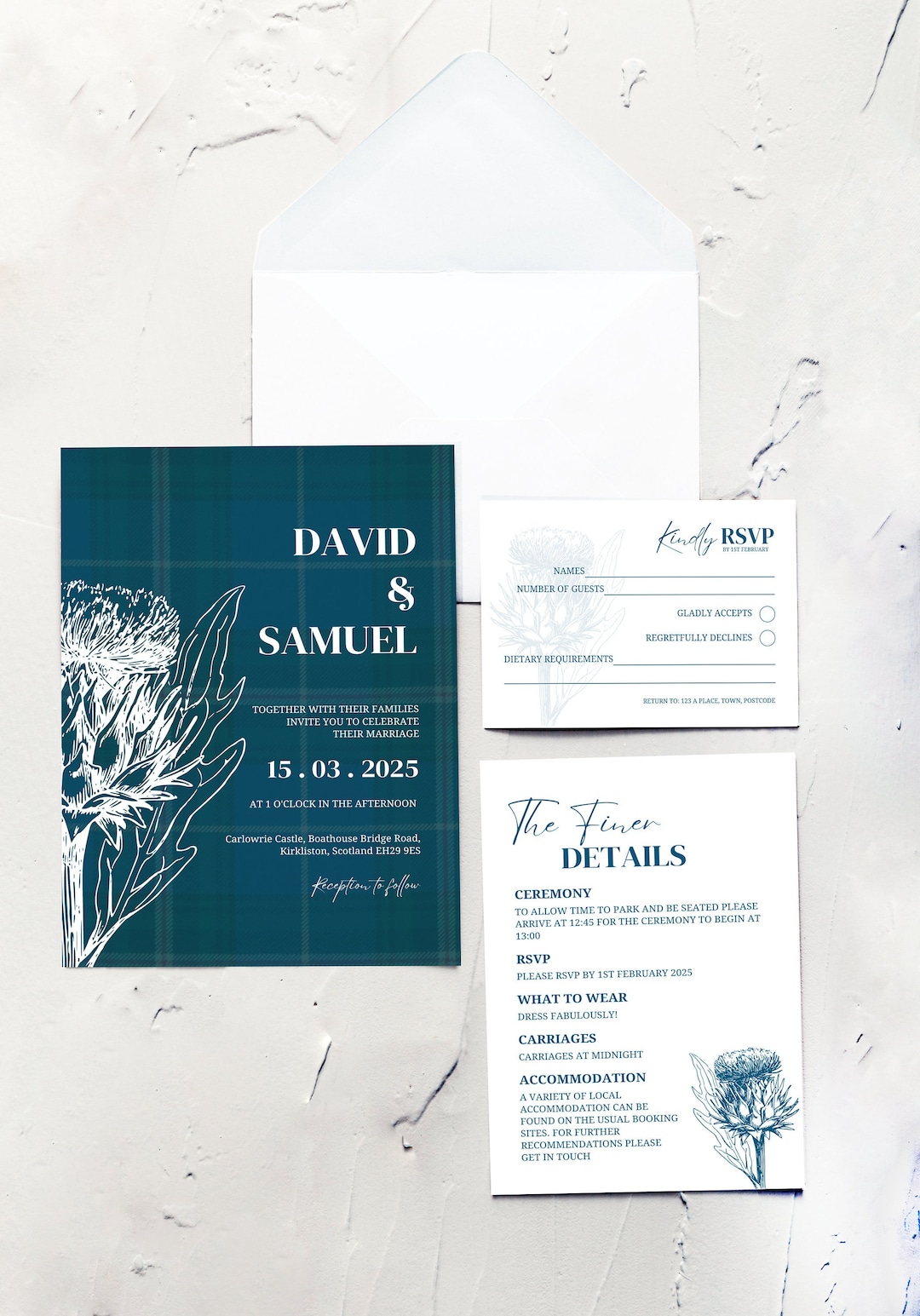 Blue Tartan Thistle Wedding Invitation Suite - Editable Template ...