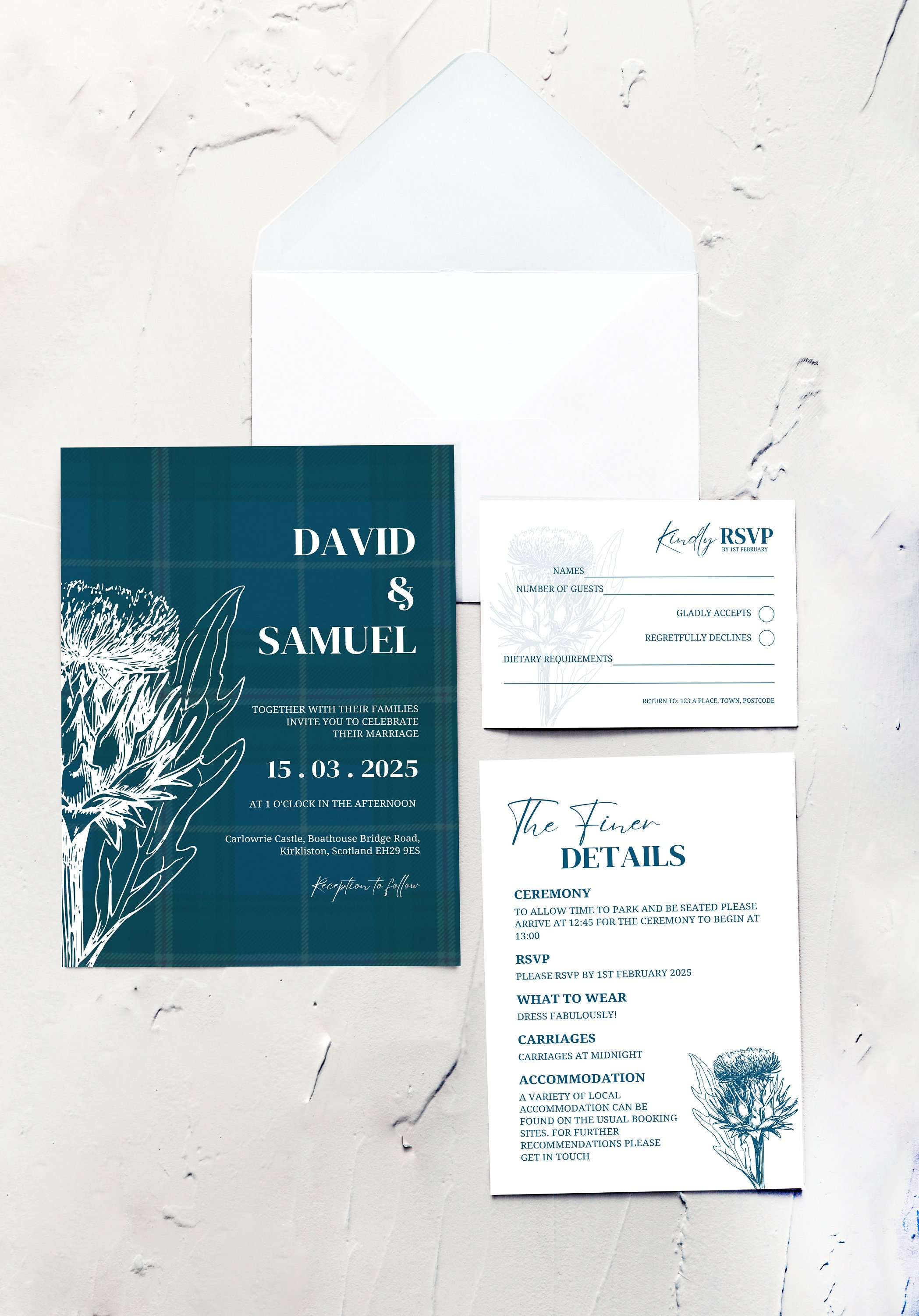 Blue Tartan Thistle Wedding Invitation Suite - Editable Template ...