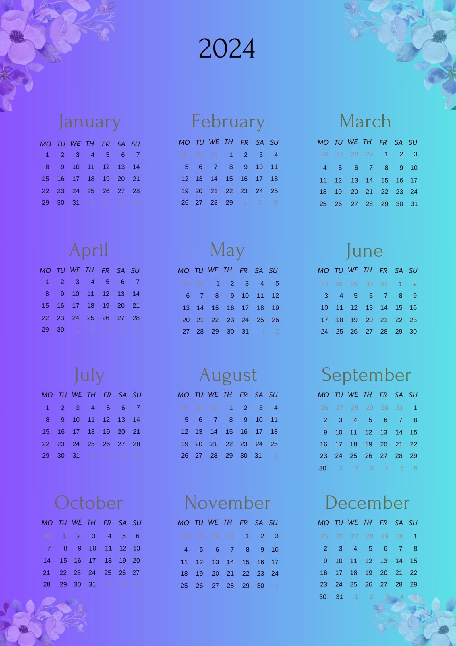 2024 Calendar Minimalist Watercolor Yearly Wall Calendar Printable ...