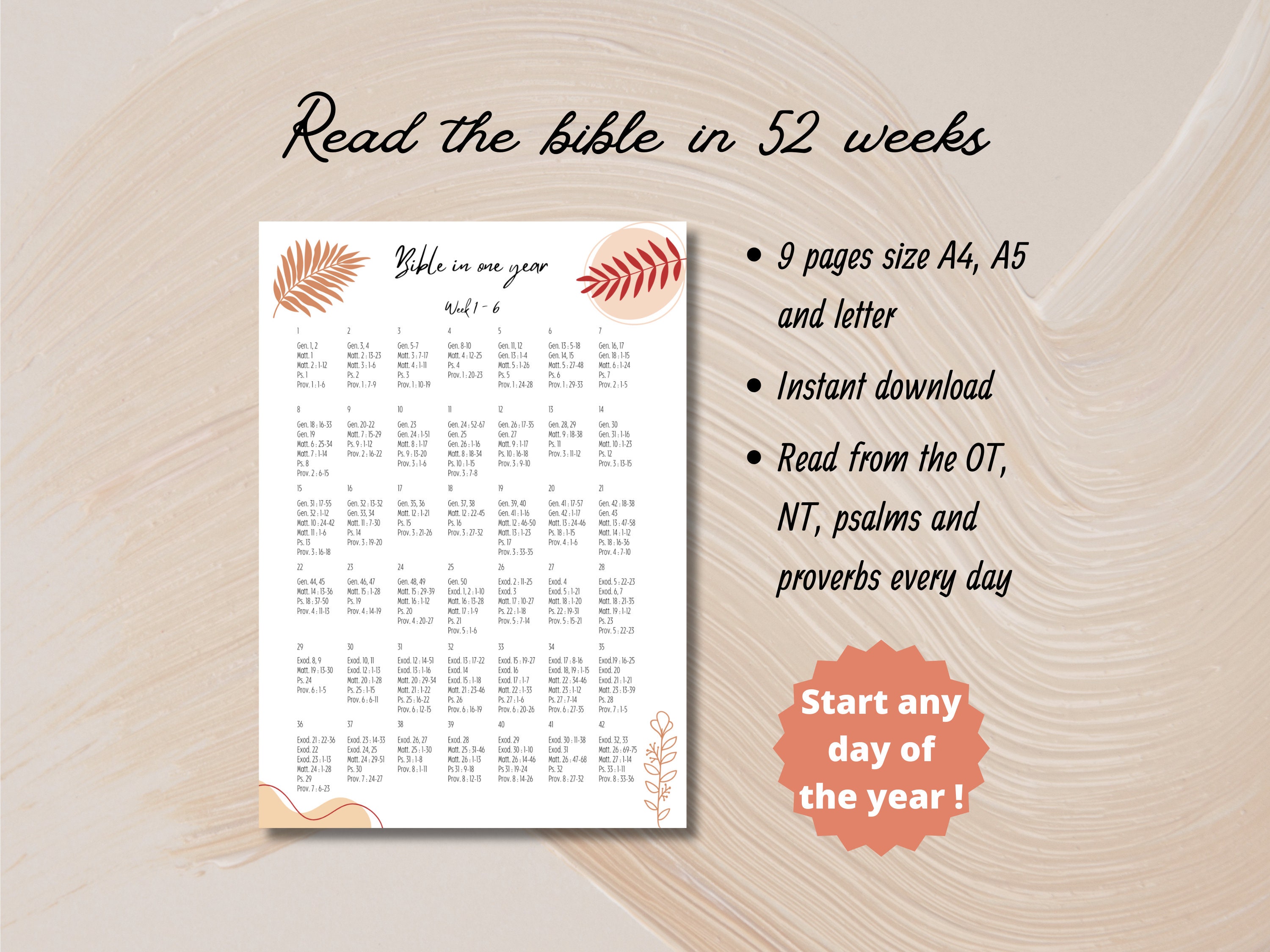 52 Week Daily Bible Reading Plan Boho Printable Instant Download, One ...