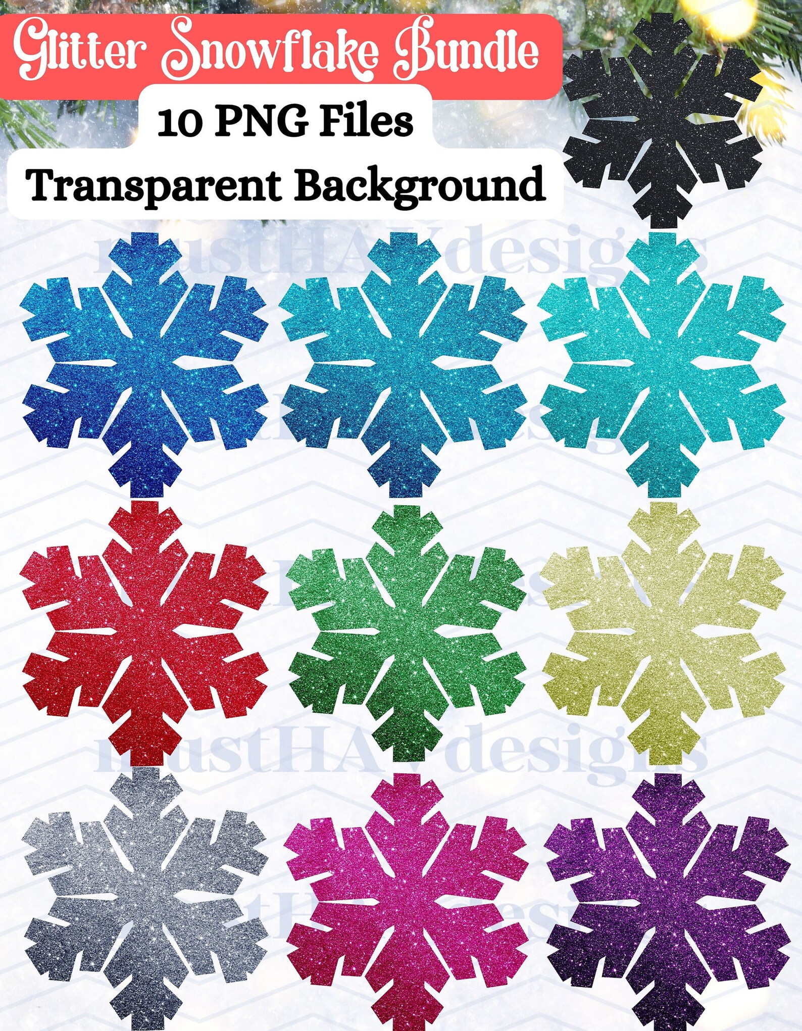Glitter Snowflakes PNG Bundle, Sparkly Snowflake Clipart, Holiday ...