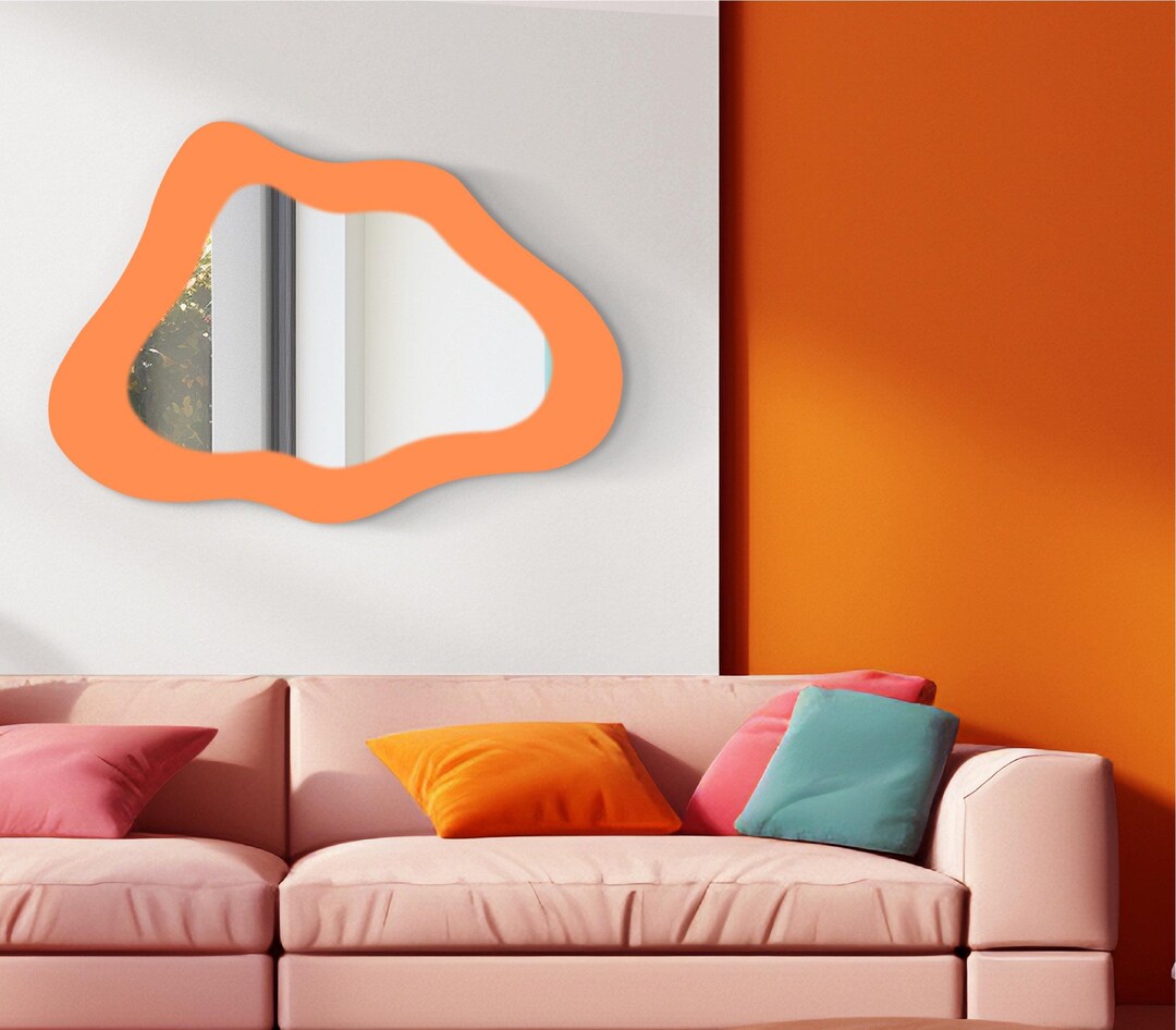 Orange Wall Mirror Decor , Orange Wall Art Framed , Asymmetrical Mirror ...