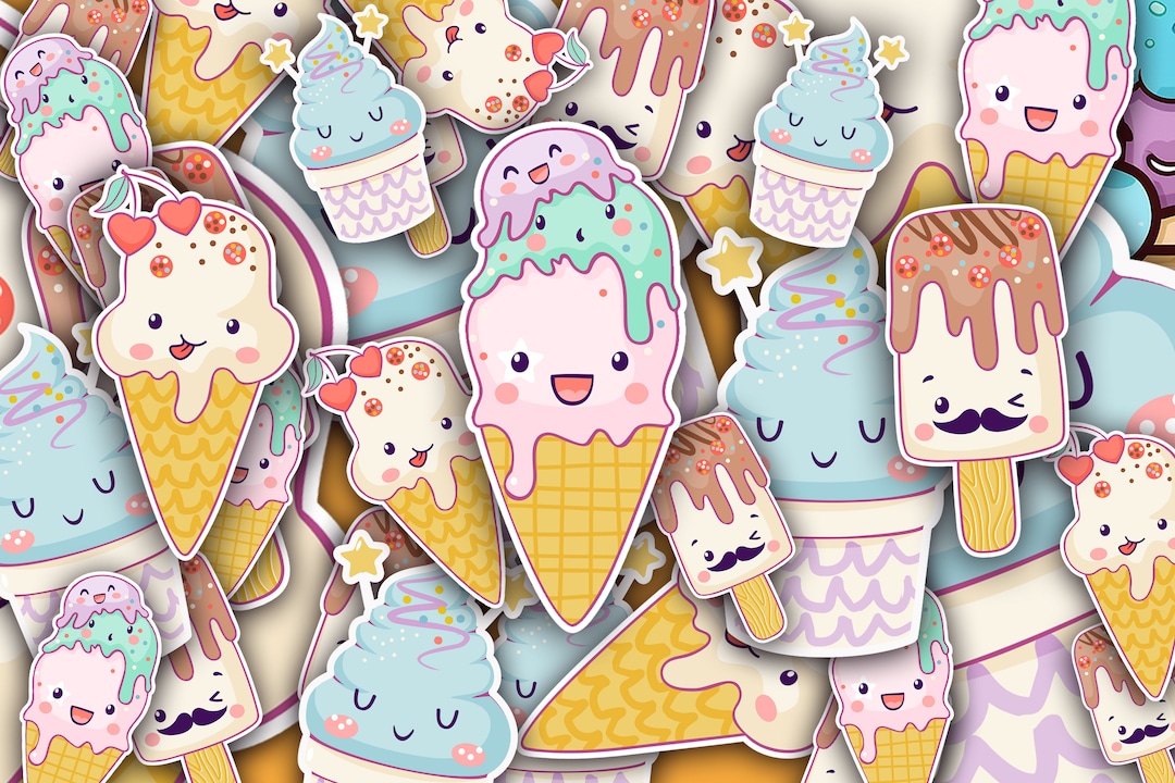 Kawaii Ice Cream Stickers Set of 4, Cute Kawaii Stickers, Ice Cream ...
