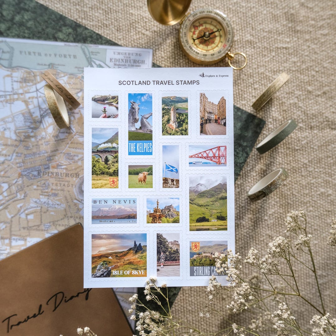 Scotland Stamp Stickers | Scotland Landmarks | Travel Journal Stickers ...
