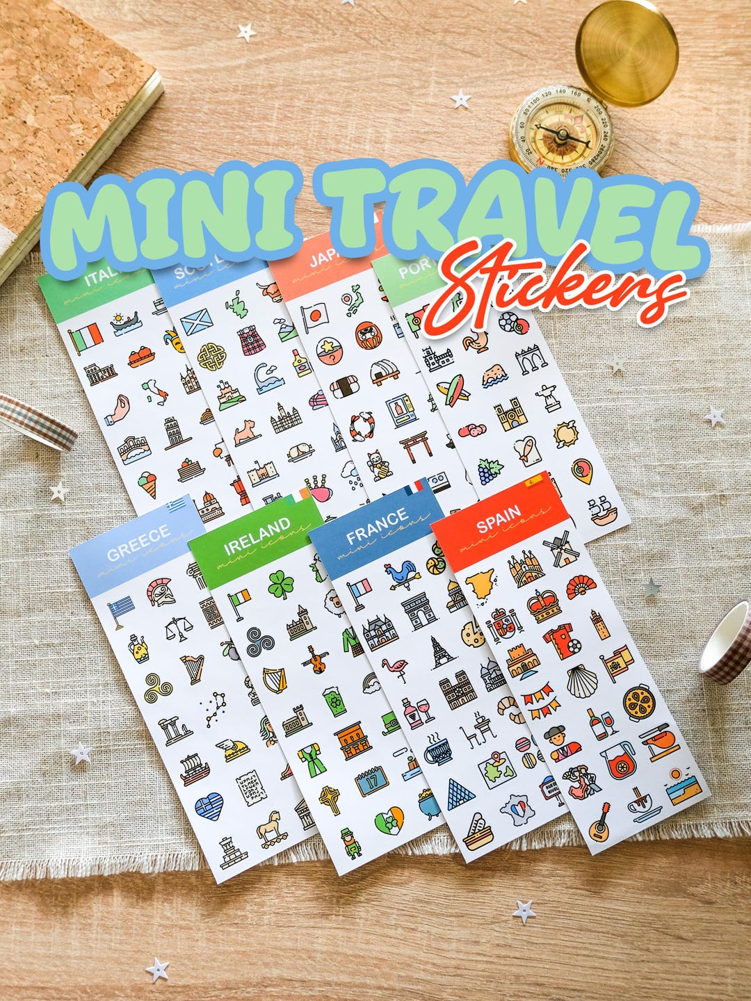 Mini Travel Destination Icon Stickers | Greece, Portugal, Japan, France ...