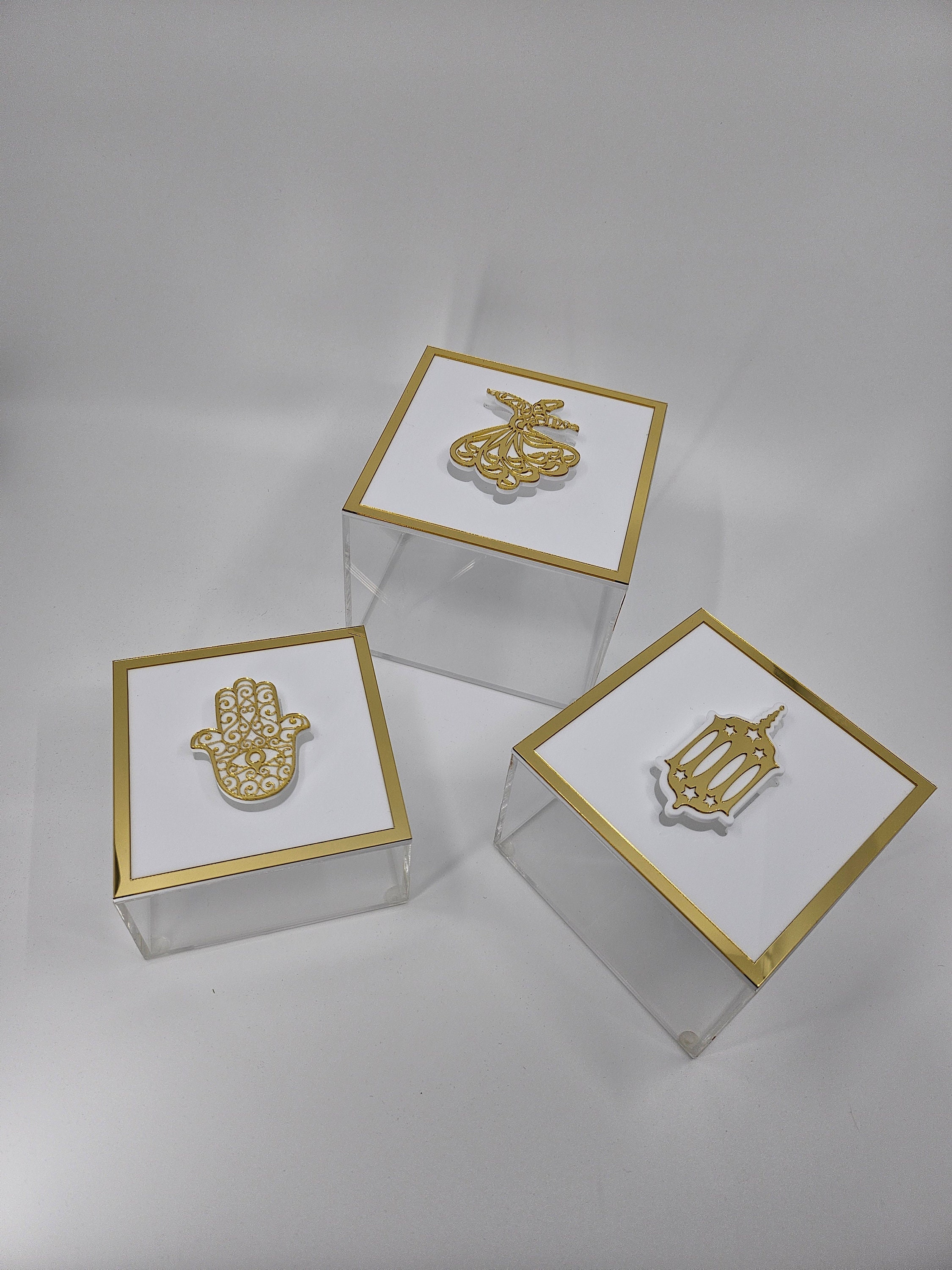 Ramadan Clear Acrylic Box With Golden Pattern, Hand of Fatima, Fanoos ...