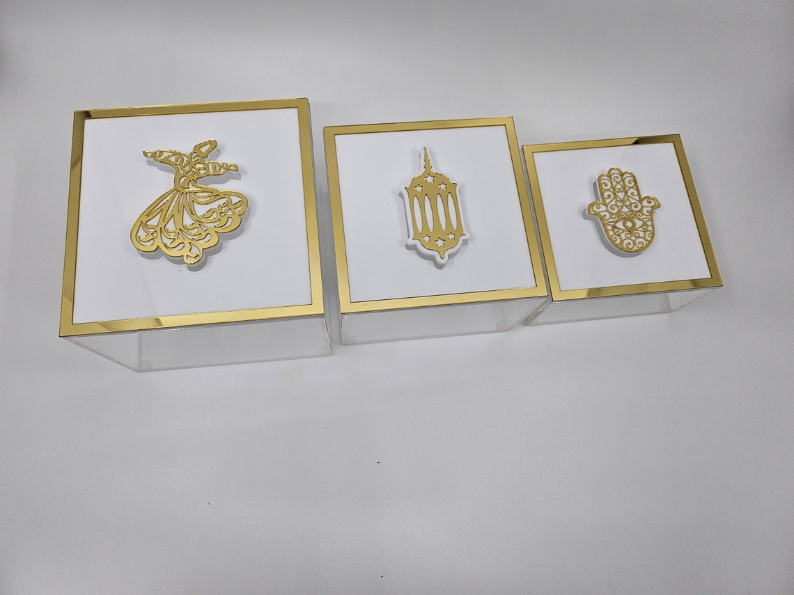 Ramadan Clear Acrylic Box With Golden Pattern, Hand of Fatima, Fanoos ...