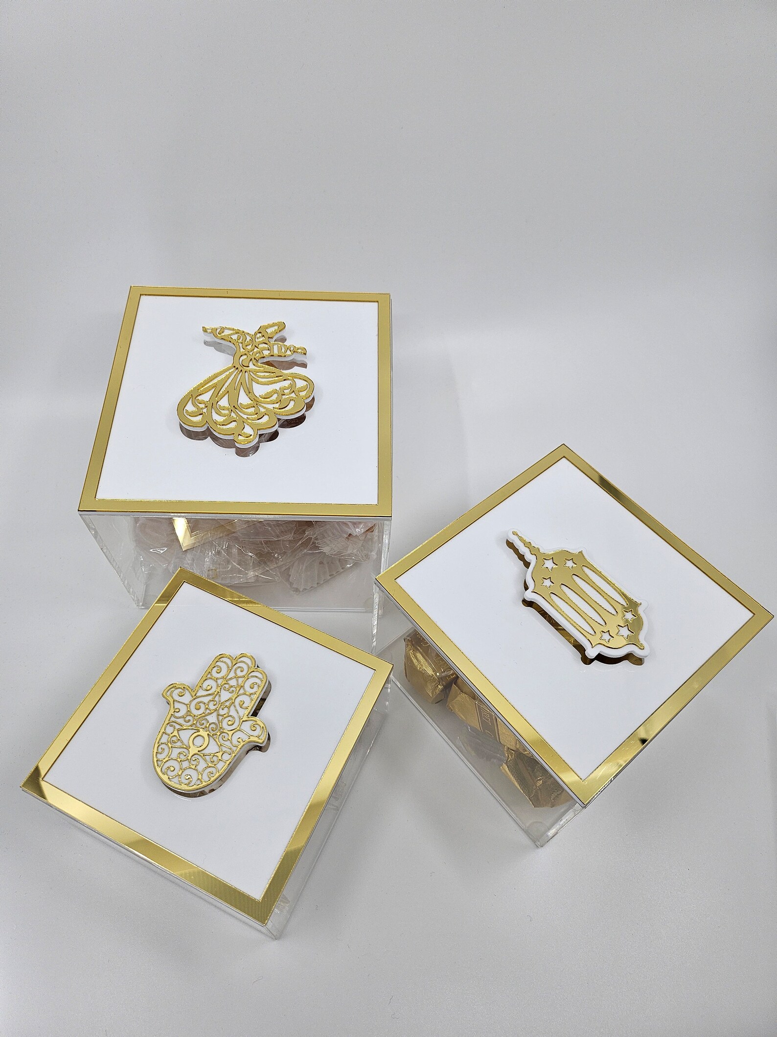 Ramadan Clear Acrylic Box With Golden Pattern, Hand of Fatima, Fanoos ...