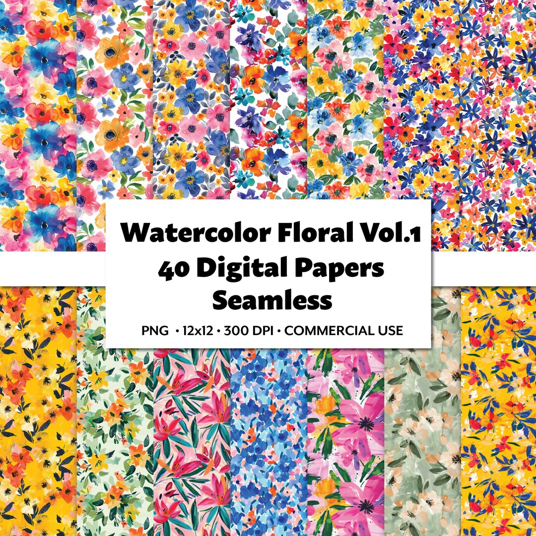 Watercolor Floral Digital Papers 40 PNG Seamless Patterns for Spring ...