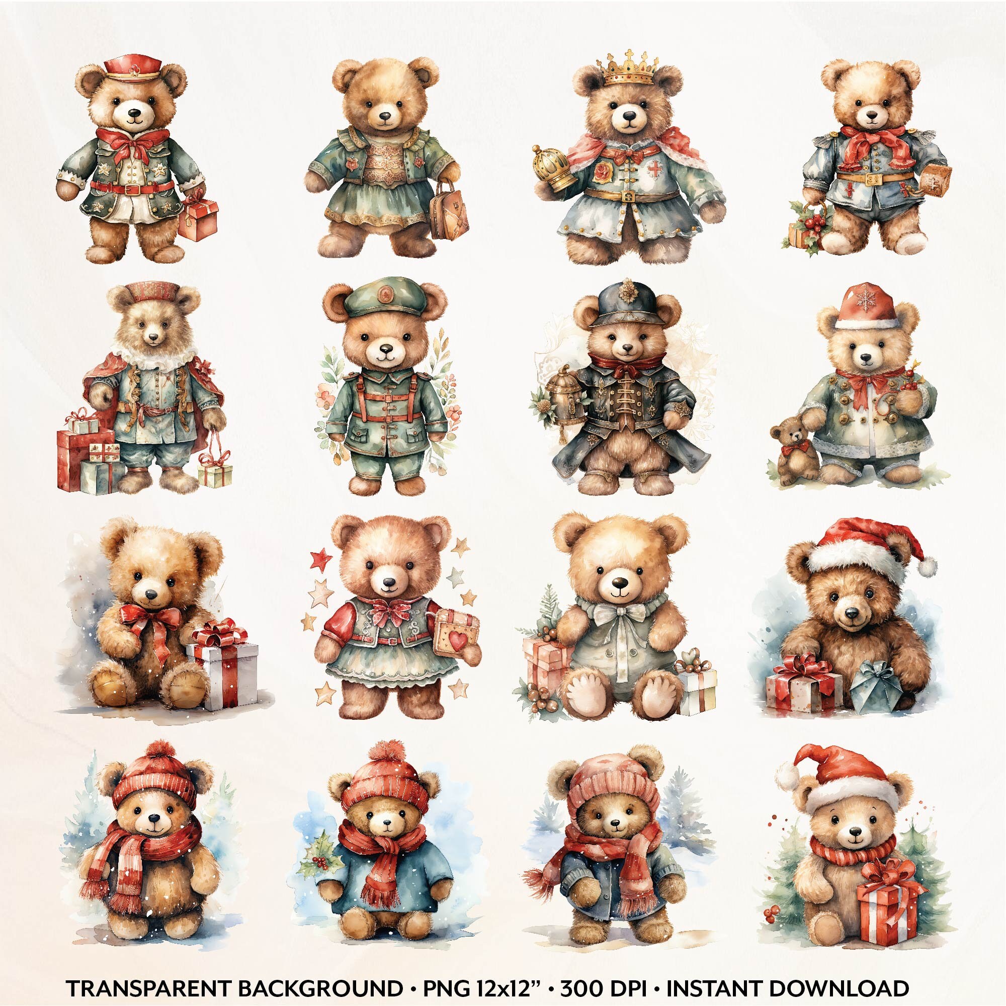 Christmas Teddy Bear, Clipart Pack, Cute Watercolor Clipart Bundle, 80 ...