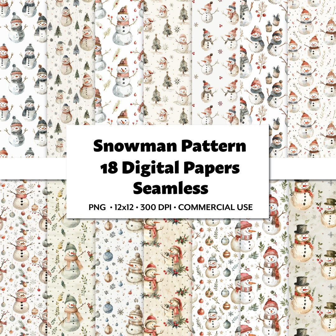 Snowman Christmas Digital Paper, 18 PNG Seamless Patterns, Festive ...