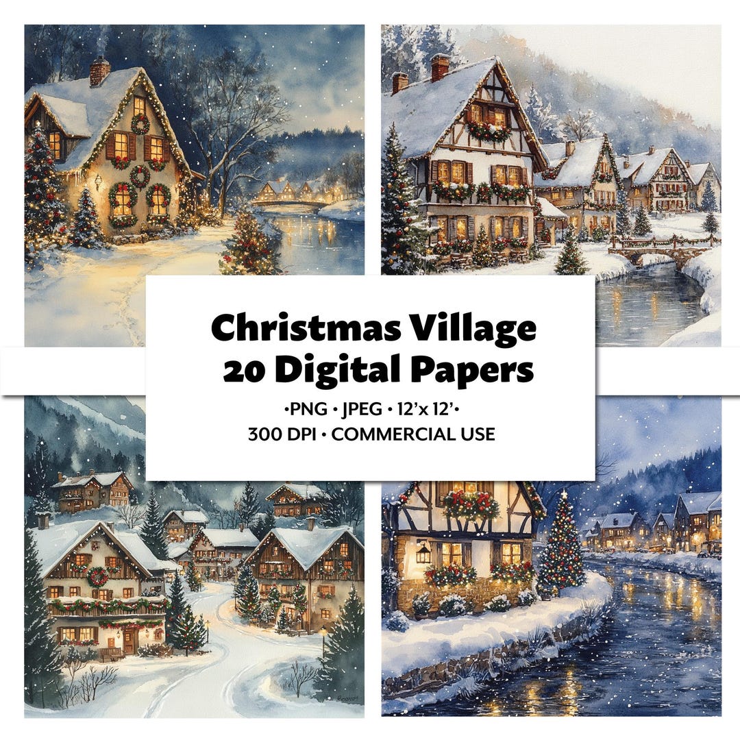 Christmas Village Digital Paper, 20 PNG JPEG, Watercolor, Market ...