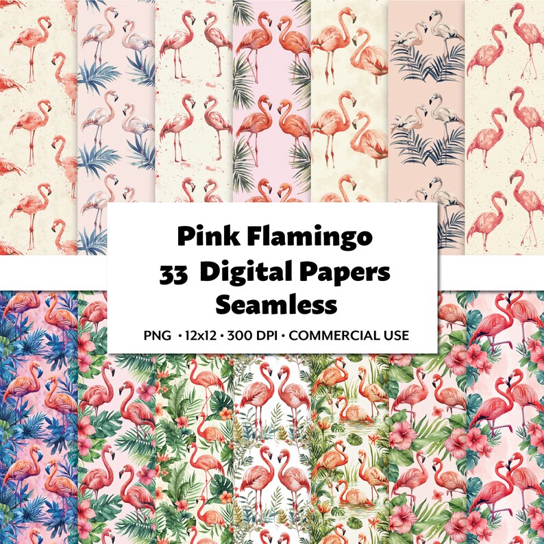 Pink Flamingo Digital Paper, 33 PNG, Seamless Repeating Tropical ...