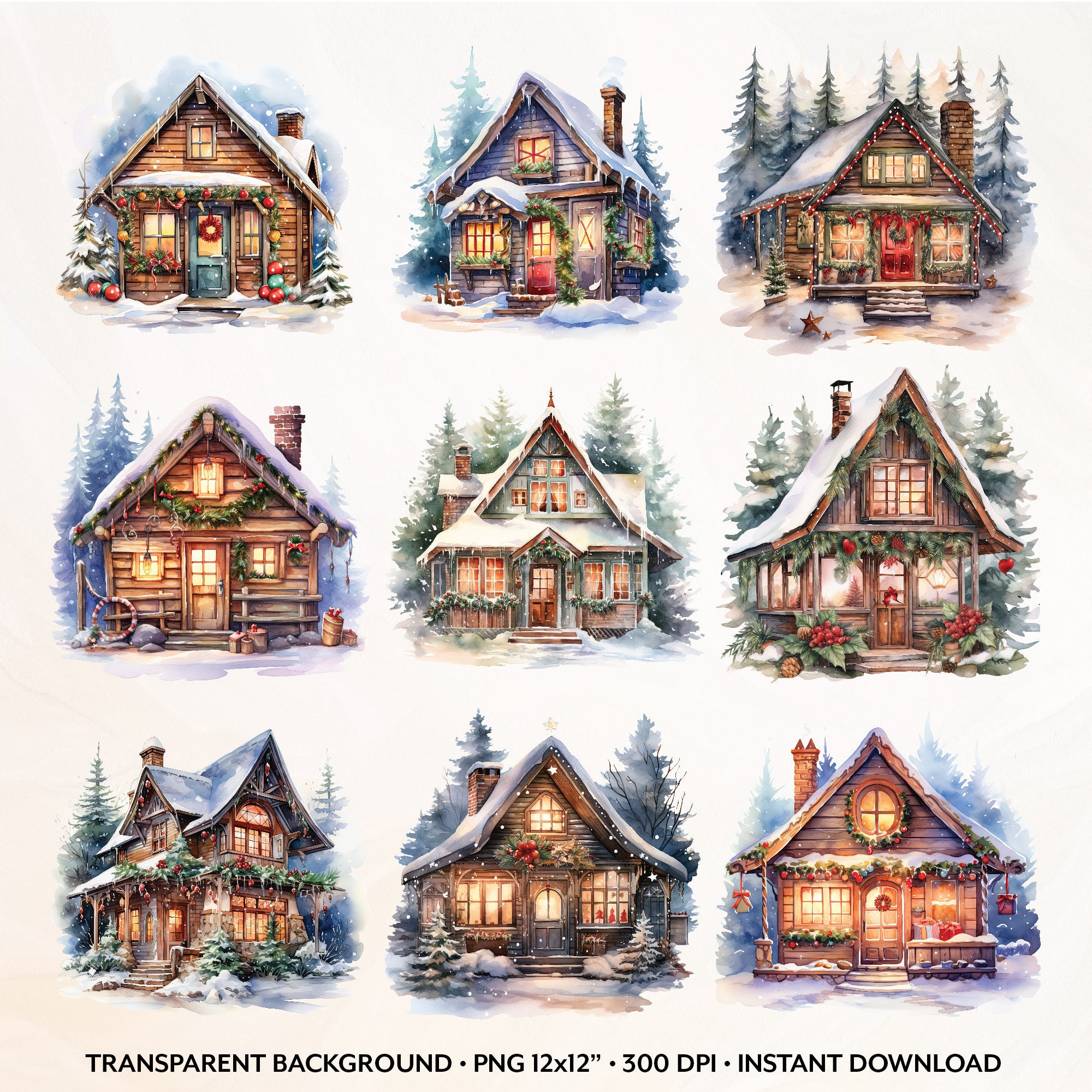 Christmas Cabin Watercolor Clipart Cozy Winter Village - Etsy