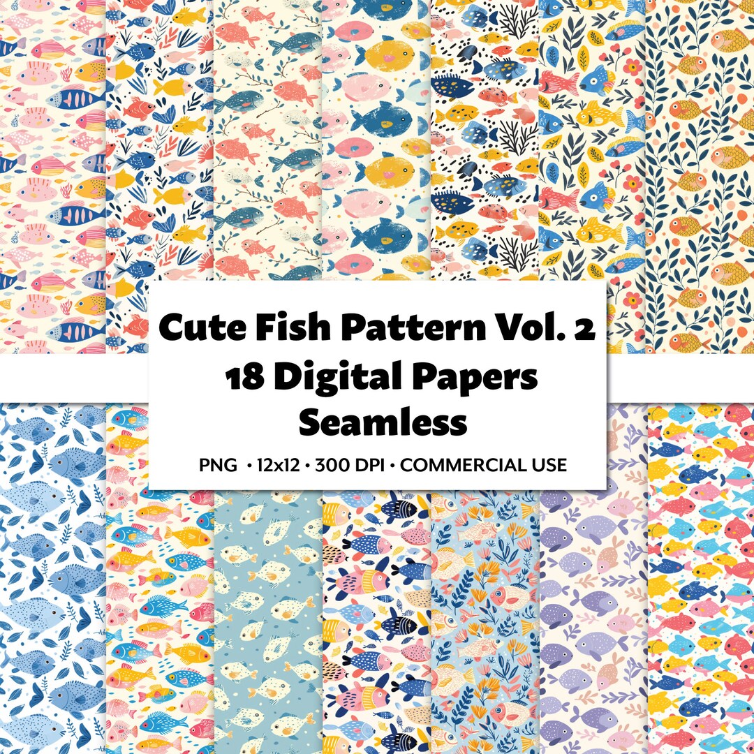 Cute Fish Digital Paper Vol.2, 18 Seamless Repeating Fish Patterns ...