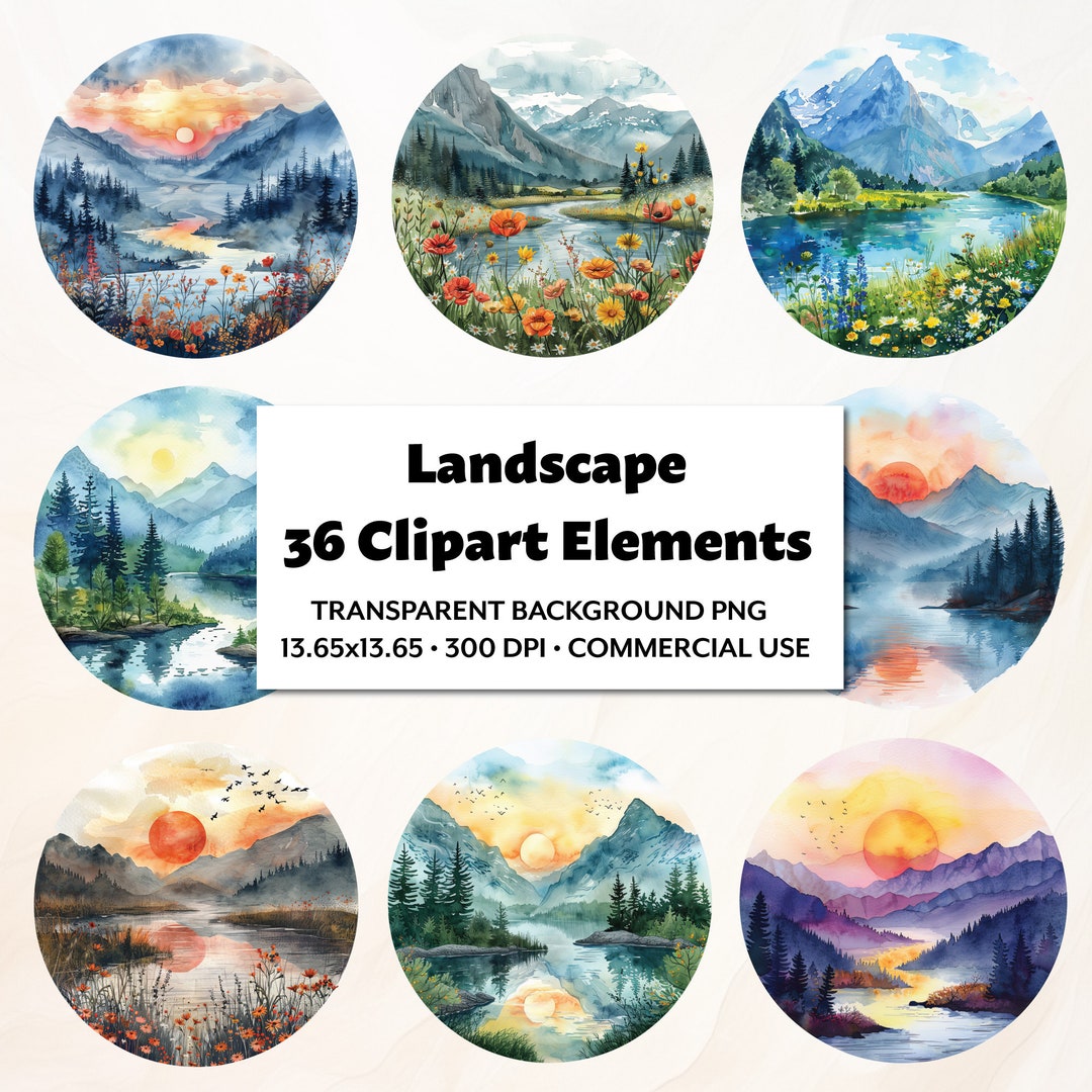 Landscape Watercolor Clipart 36 PNG Elements Mountain Scenery Print ...