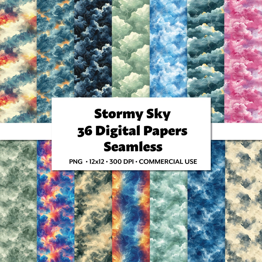 Stormy Sky, 36 PNG Watercolor Painting, Thunderstorm and Clouds Sky ...