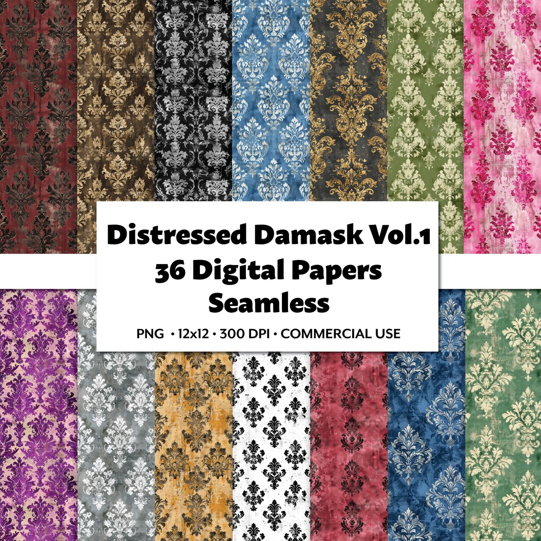 Distressed Damask Digital Papers 36 PNG Seamless Patterns, Grunge ...